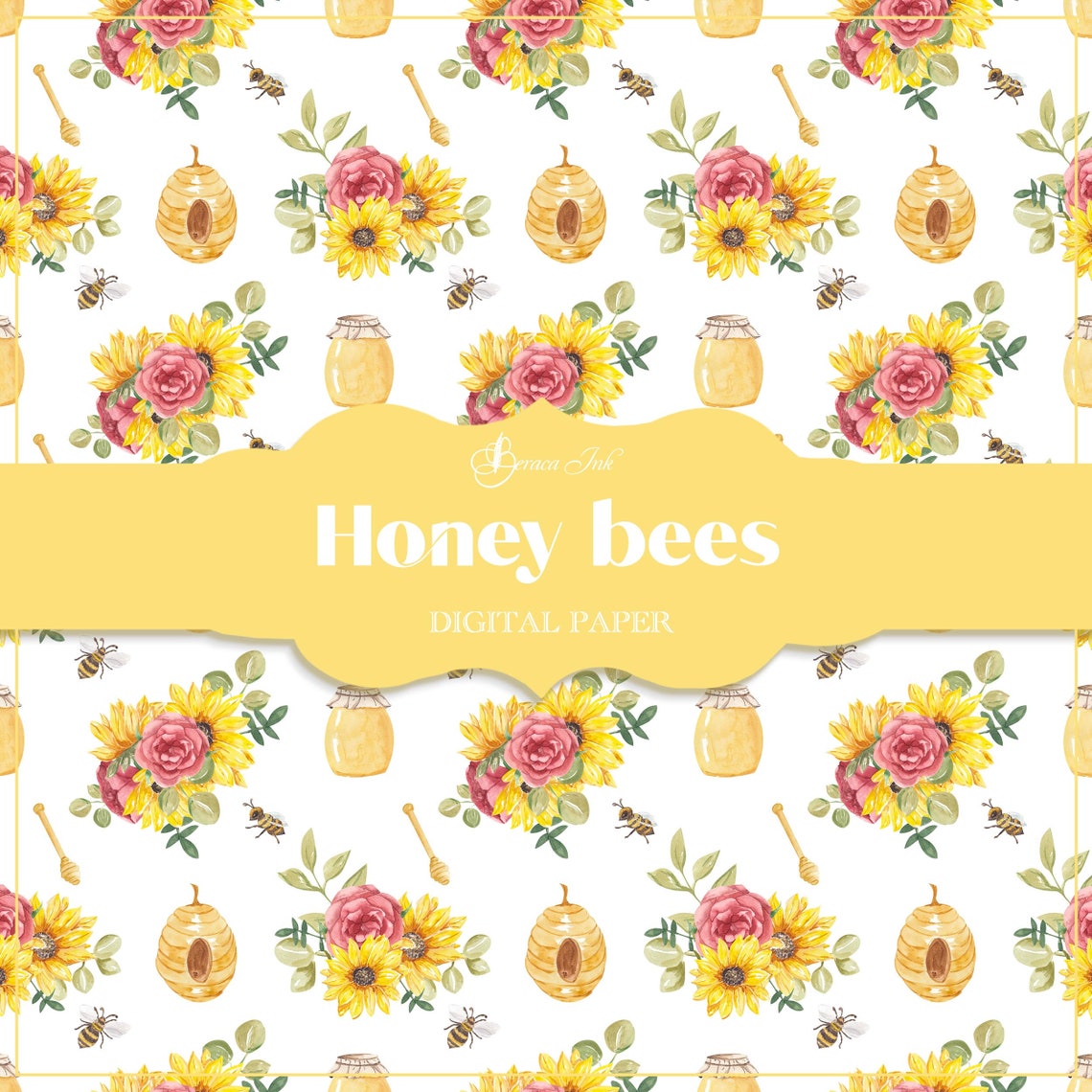 Honey Bees Digital Paper Seamless Pattern Sunflower - Etsy