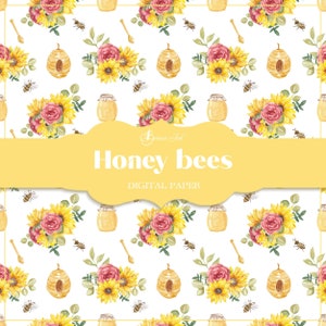 Honey Bees Digital Paper, Seamless Pattern, Sunflower Background, Bee ...