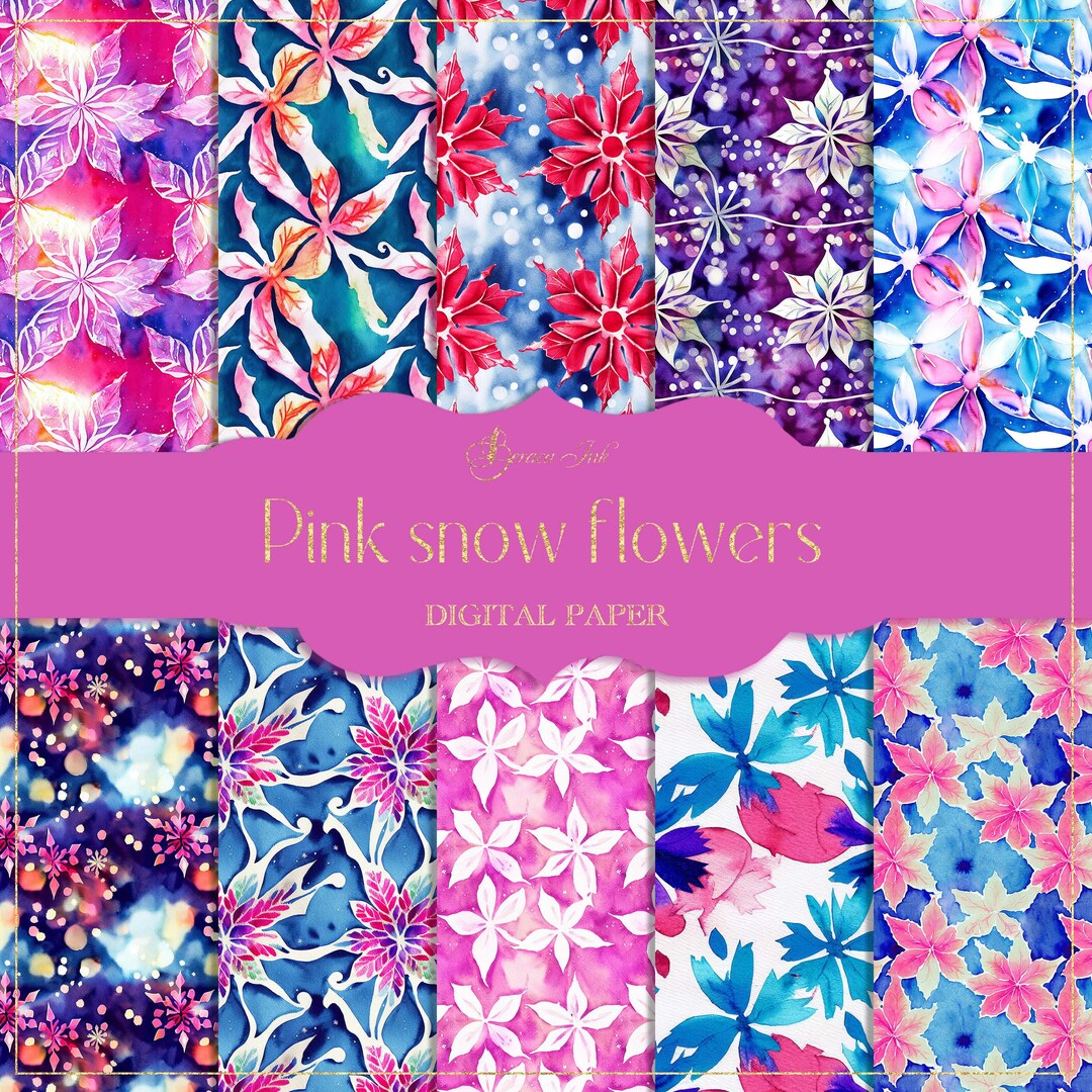 Pink Snow Flowers Digital Paper, Seamless Pattern, Winter Fantasy ...