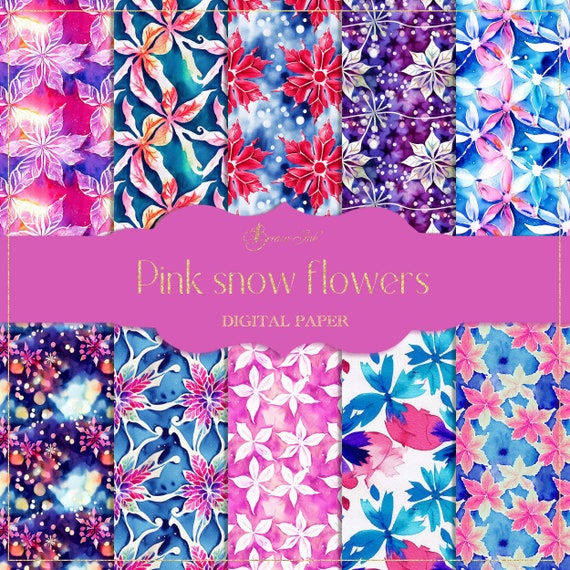 Pink Snow Flowers Digital Paper Seamless Pattern Winter - Etsy