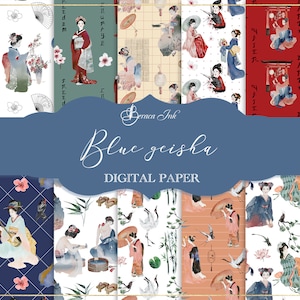 Blue Geisha Digital Paper, Seamless Pattern, Repeat Chinoiserie Paper ...