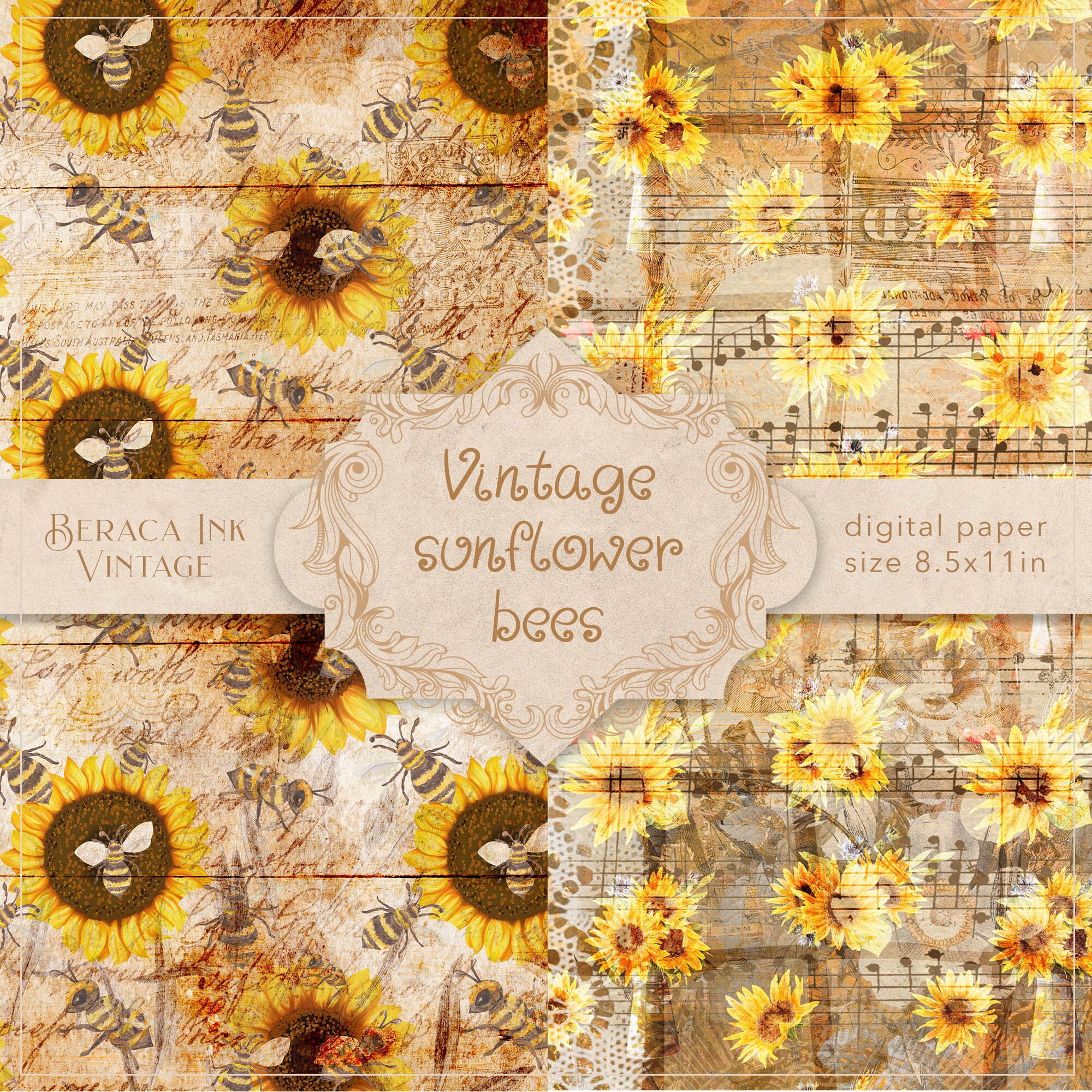 Vintage Sunflower Bees Digital Paper LETTER Size Honey Bee - Etsy
