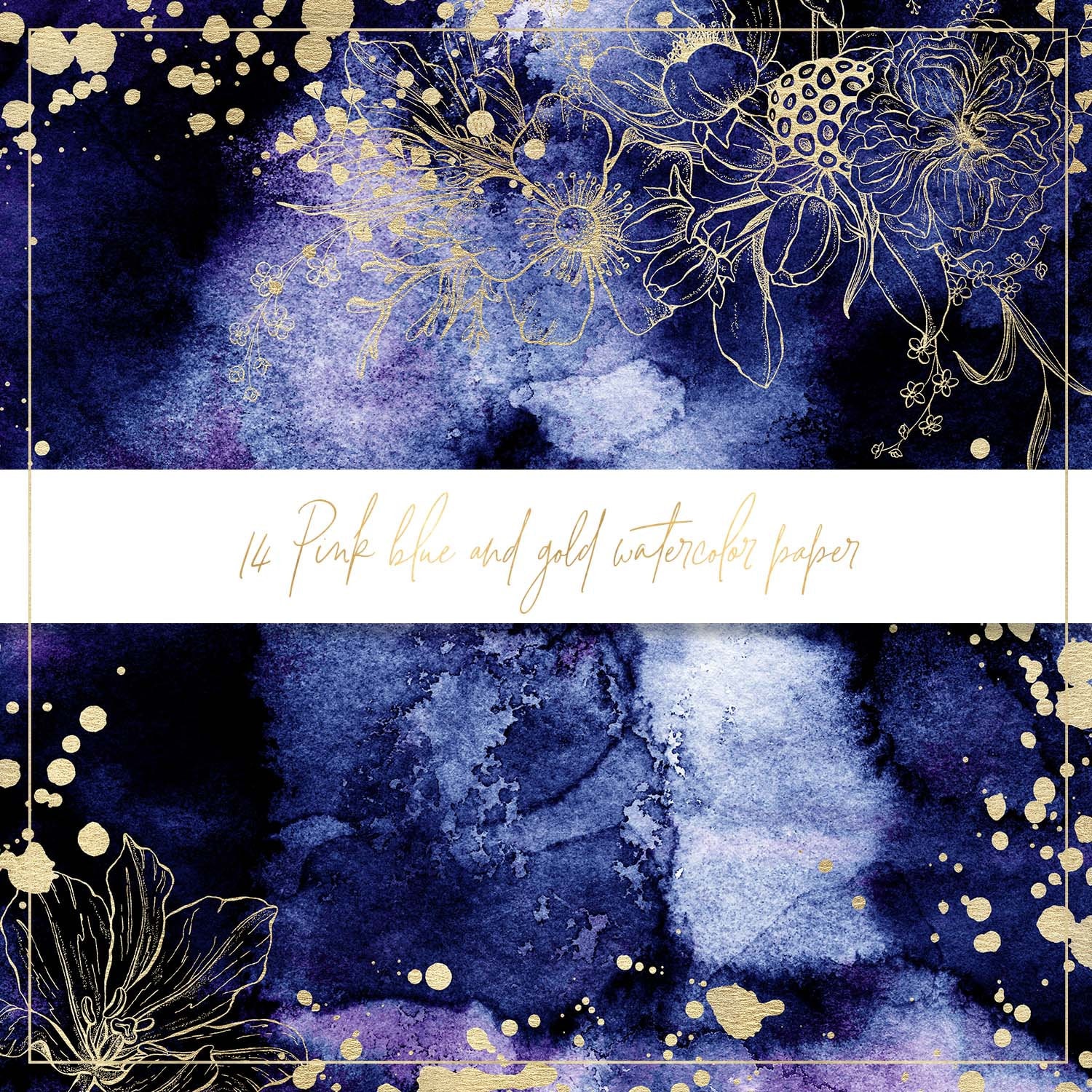 Pink and blue watercolor digital paper gold botanicals | Etsy