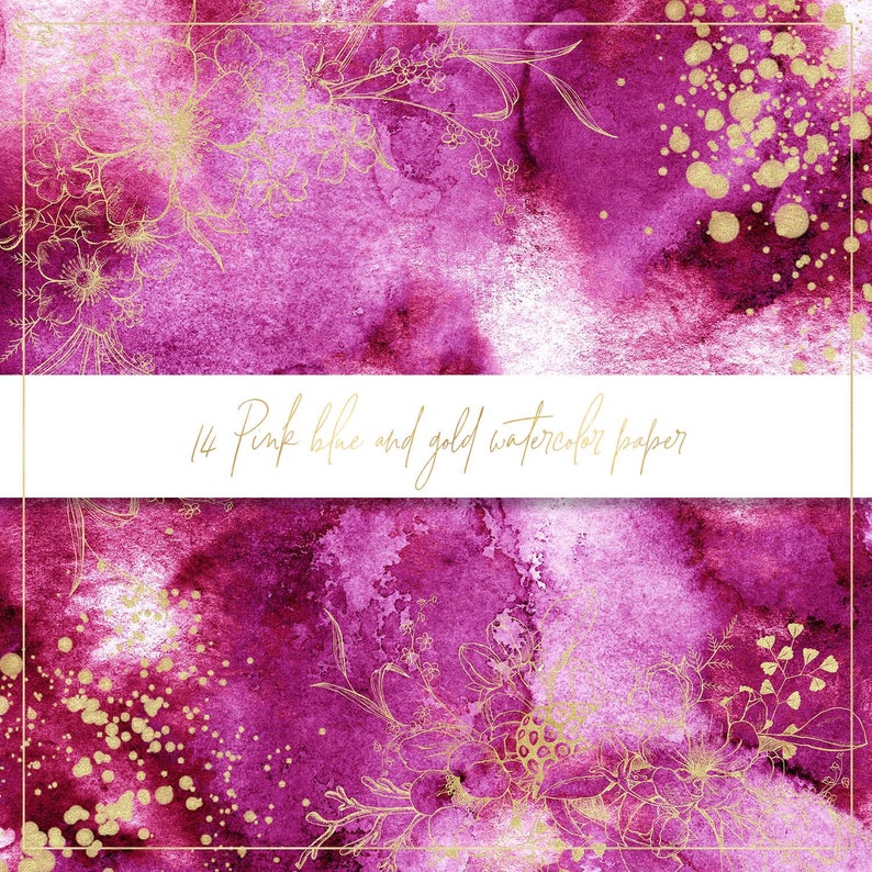 Pink and Blue Watercolor Digital Paper, Gold Botanicals Background ...