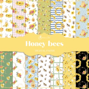 Honey Bees Digital Paper, Seamless Pattern, Sunflower Background, Bee ...