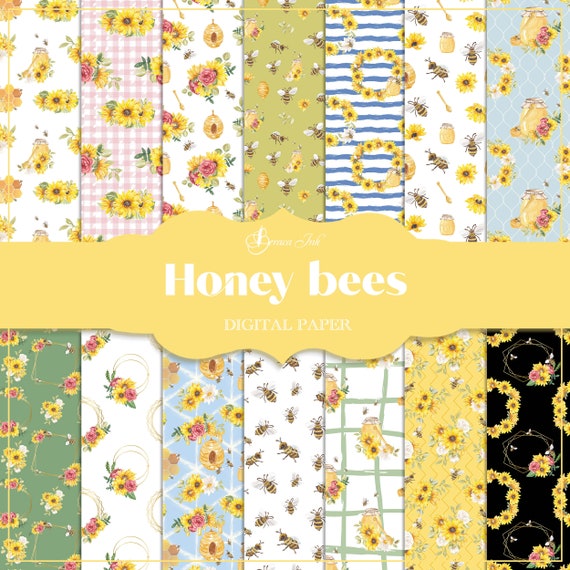 Honey Bees Digital Paper Seamless Pattern Sunflower - Etsy