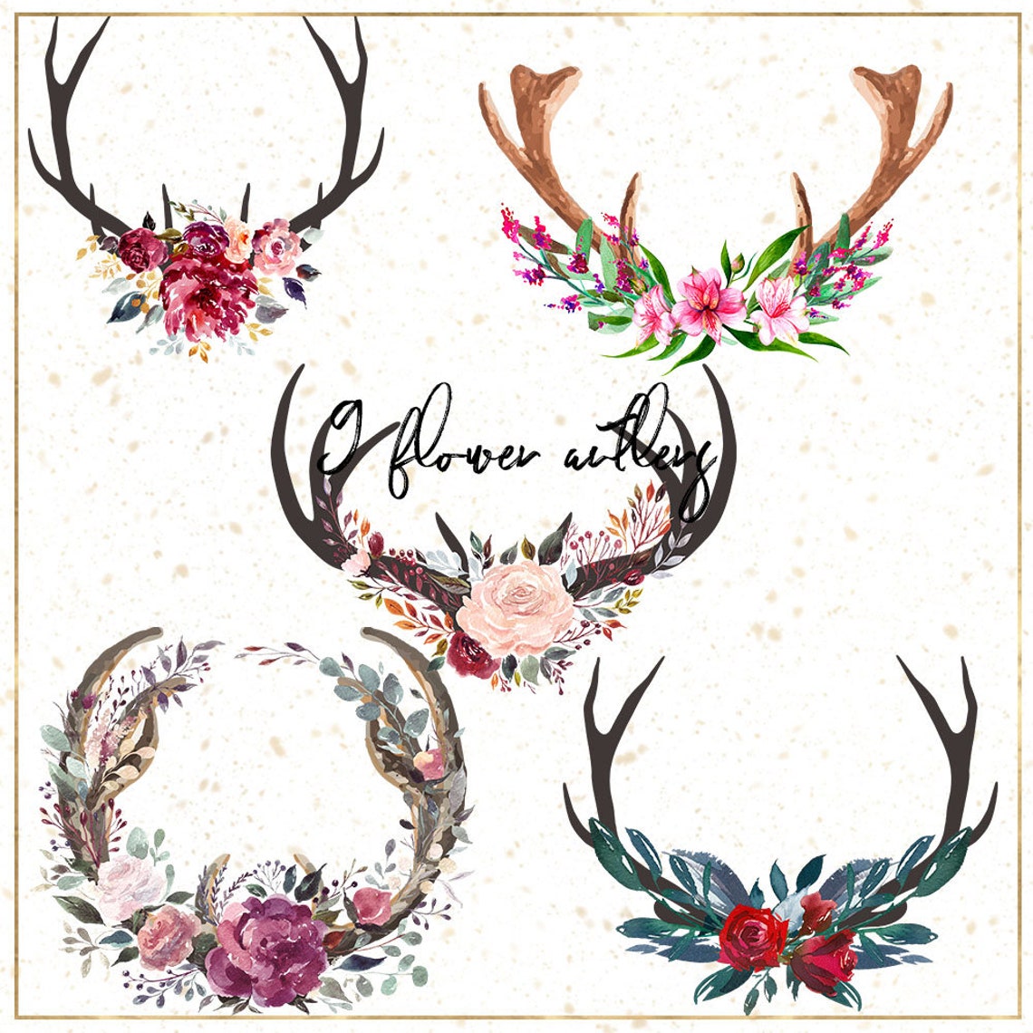 Flower Antlers Clipart Rustic Deer Antlers Silhouette - Etsy