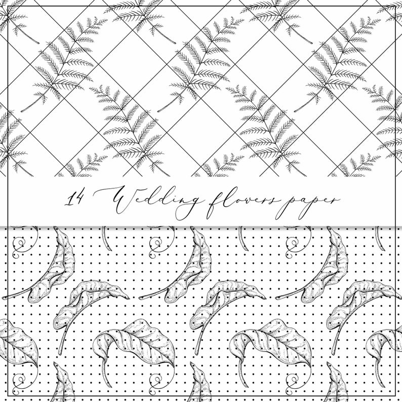 Wedding Flowers Digital Paper, Seamless Pattern, Floral Line Art, Black ...