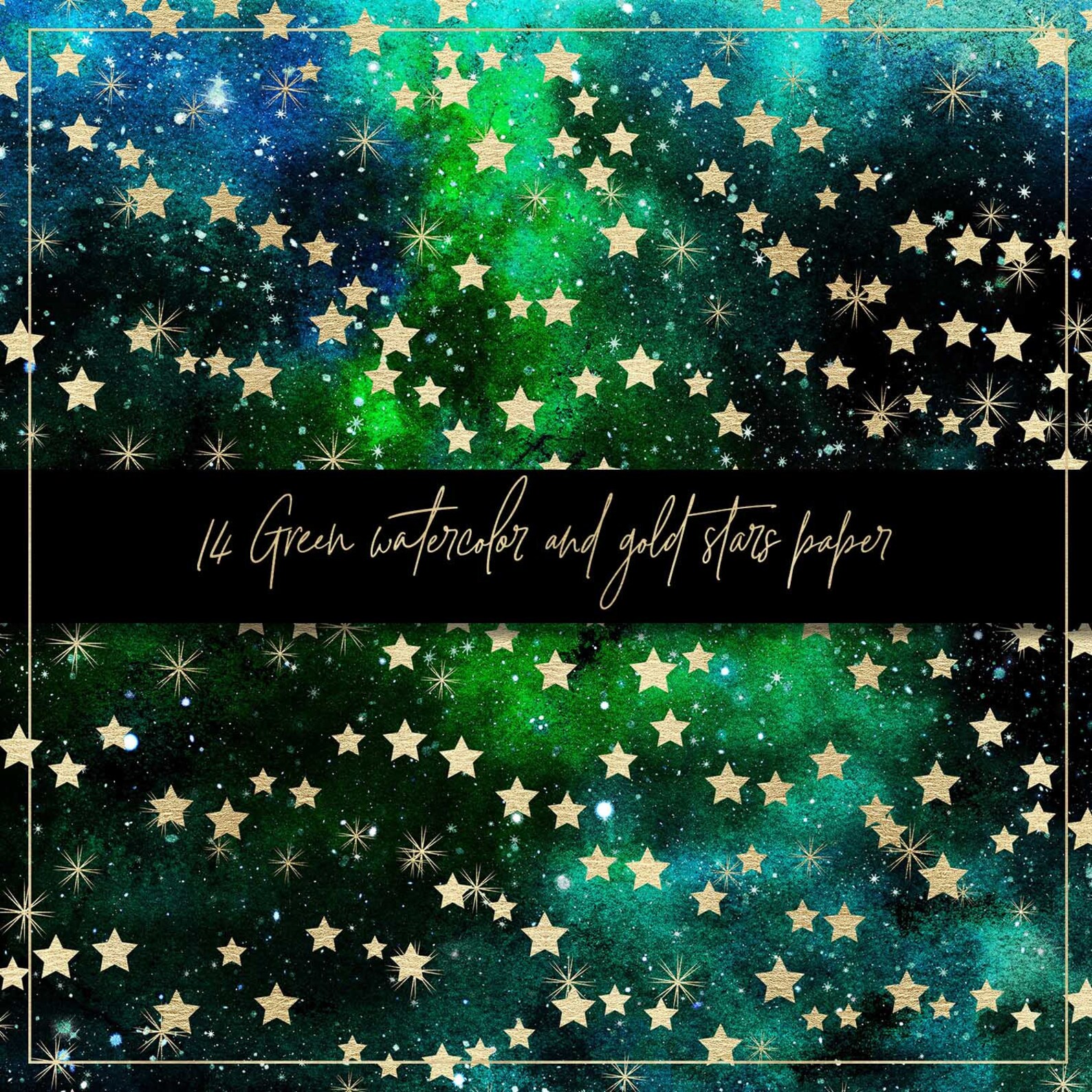 Green Watercolor Digital Paper, Gold Stars Pattern, Galaxy Background ...