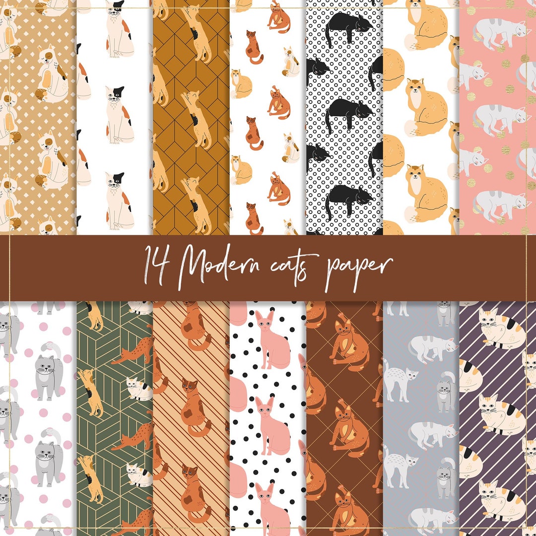 Modern Cats Digital Paper, Seamless Paper, Kitty Background, Black Cat ...