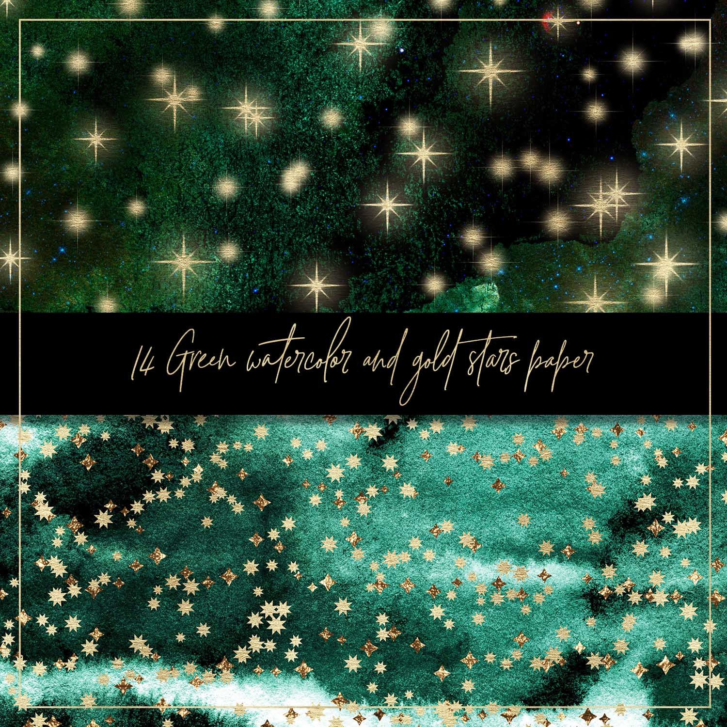 Green Watercolor Digital Paper, Gold Stars Pattern, Galaxy Background ...