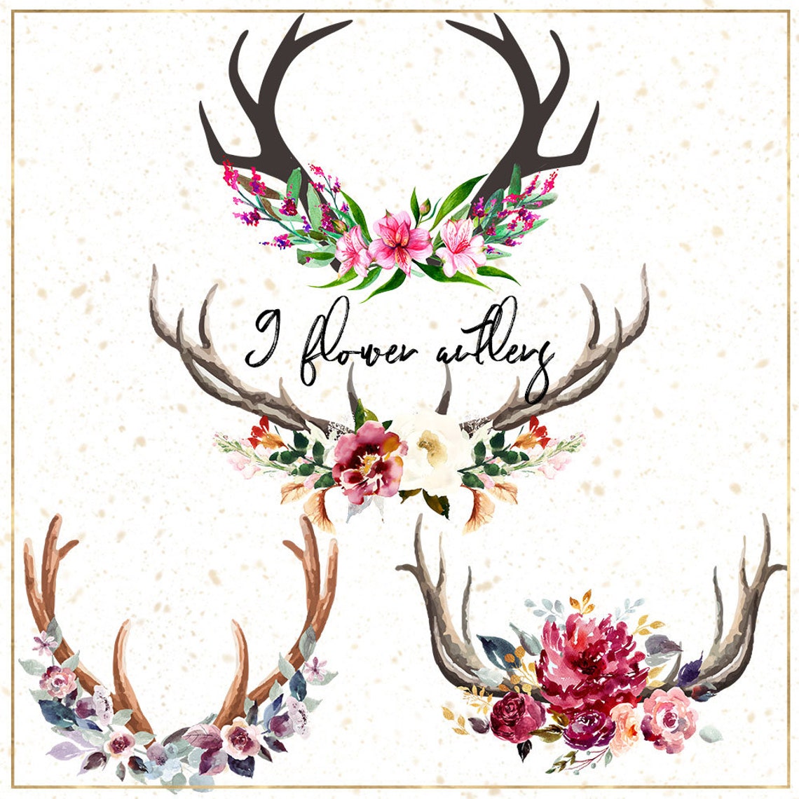 Flower Antlers Clipart Rustic Deer Antlers Silhouette - Etsy