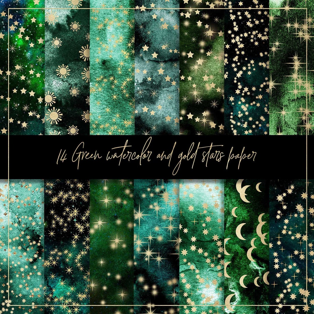 Green Watercolor Digital Paper, Gold Stars Pattern, Galaxy Background ...