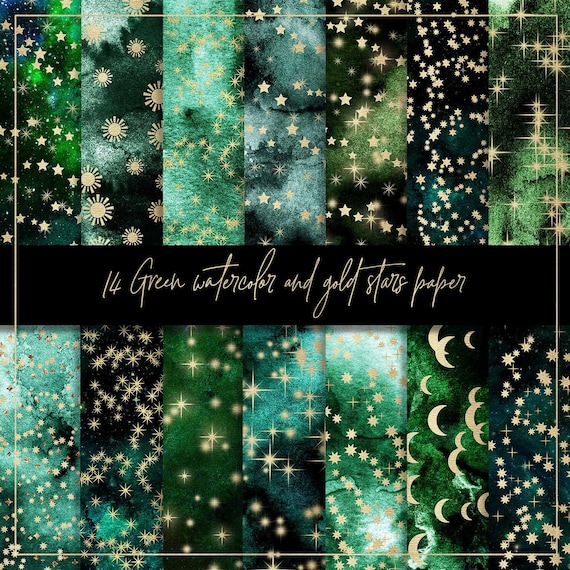 Green Watercolor Digital Paper Gold Stars Pattern Galaxy | Etsy