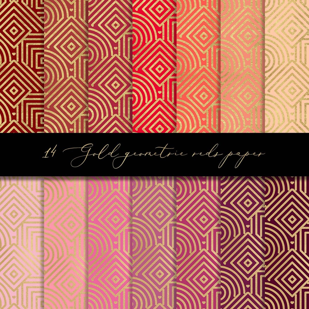 Red Gold Geometric Digital Paper, Ombre Pink Background, Art Deco ...