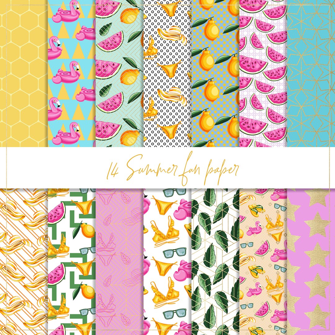 Summer Fun Digital Paper, Seamless Pattern, Pool Party, Flamingo Float ...