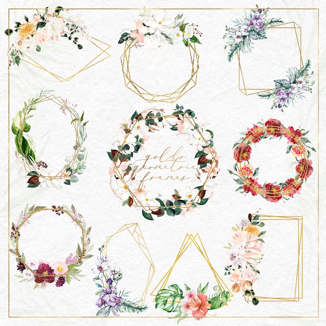 Flower Geometric Frames Clipart Watercolor White Flower | Etsy