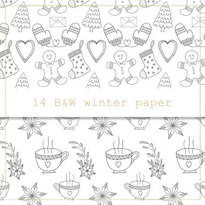 Black and White Winter Digital Paper, Seamless Pattern, Hand Drawn ...
