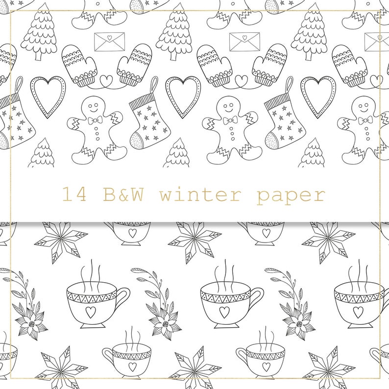 Black and White Winter Digital Paper, Seamless Pattern, Hand Drawn ...