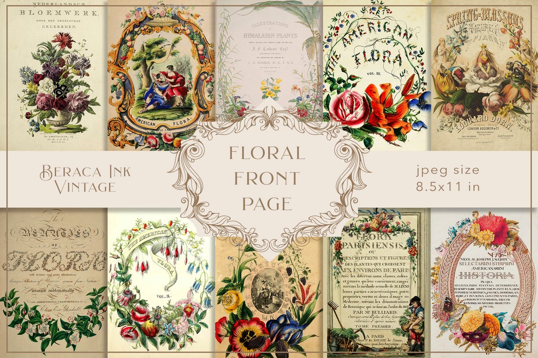 Floral Front Page Digital Paper, Botanical Ephemera Paper, Vintage ...