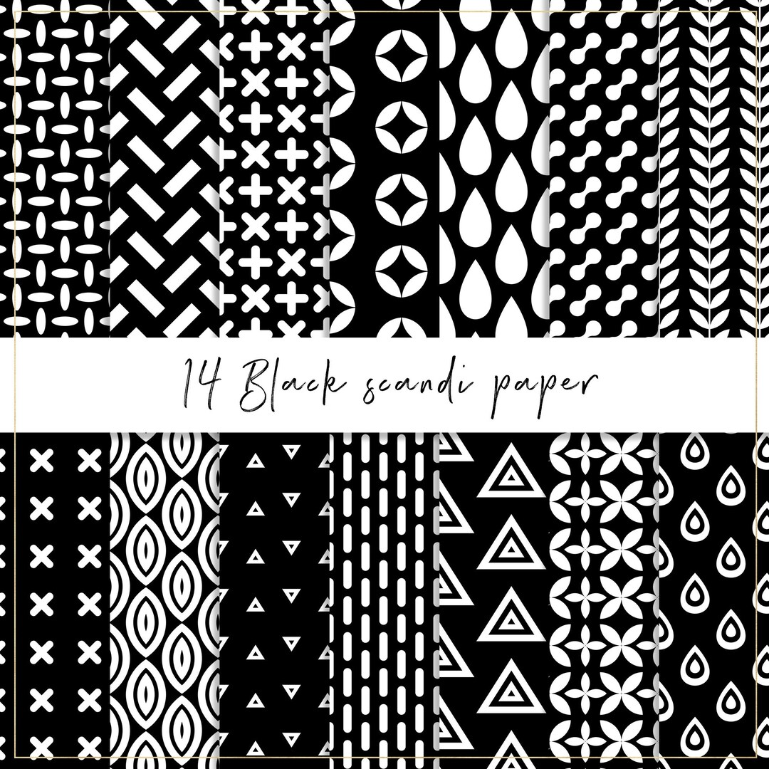 Black Scandi Digital Paper, Seamless Pattern, Black Background ...