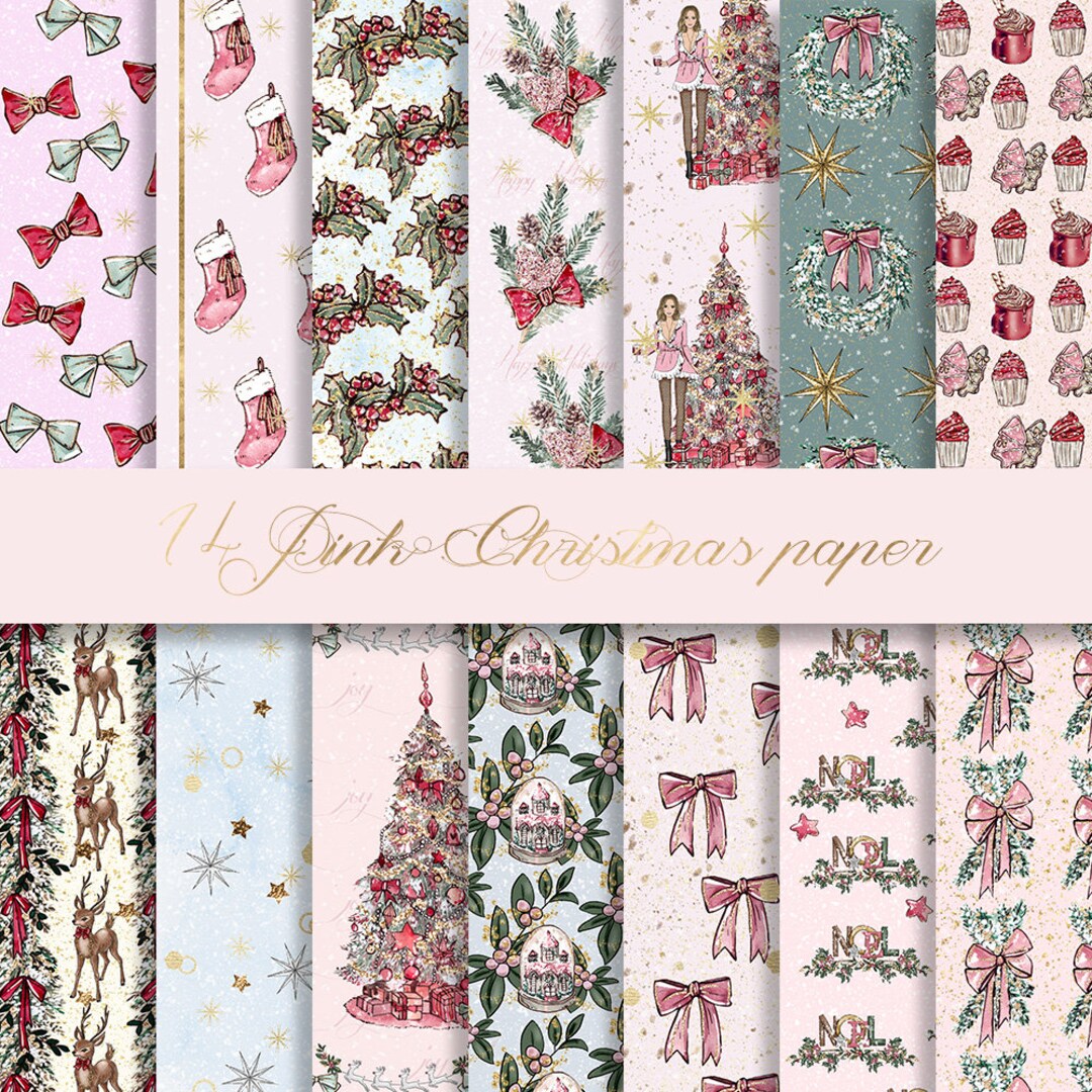 Pink Christmas Digital Paper, Gold Christmas Background, Pink Christmas ...
