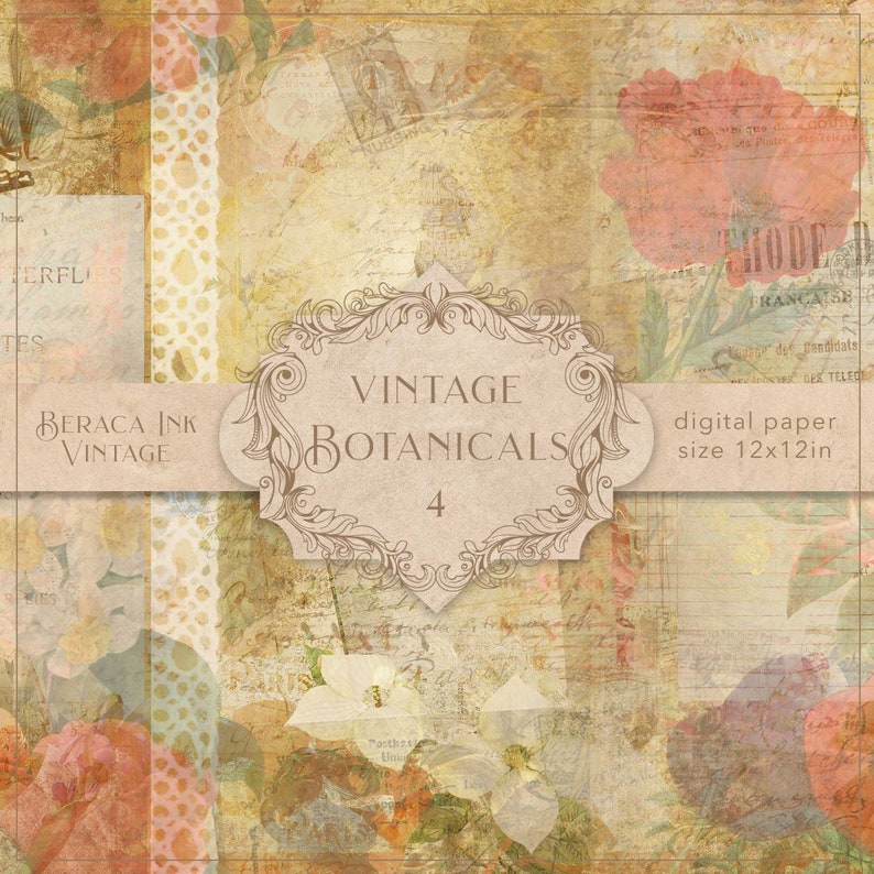 Vintage Botanicals Digital Paper 4 Romantic Ephemera Antique | Etsy