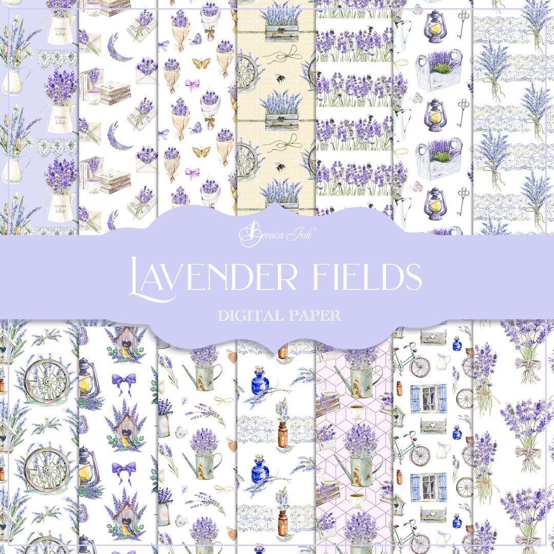 Lavender Fields Digital Paper, Seamless Pattern, Watercolor Lavender ...