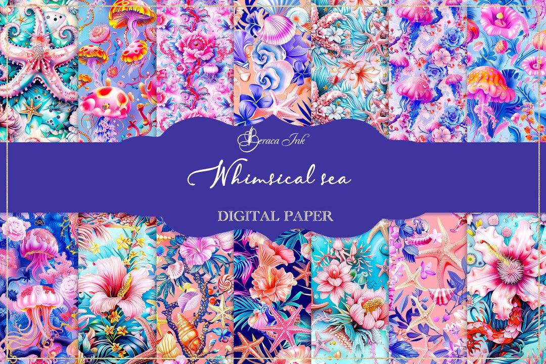 Whimsical Sea Digital Paper, Neon Nautical Seamless Pattern, Underwater ...
