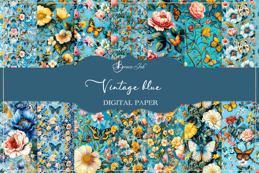 Vintage Blue Digital Paper, Seamless Pattern, Floral Wallpaper, Shabby ...