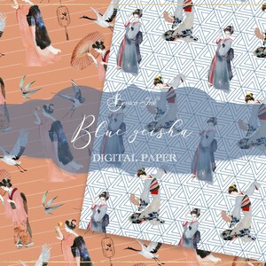 Blue Geisha Digital Paper, Seamless Pattern, Repeat Chinoiserie Paper ...