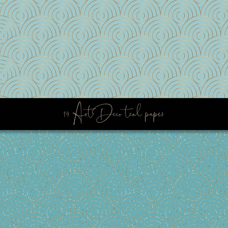Art Deco Teal Digital Paper, Turquoise Background , Gold Geometric ...