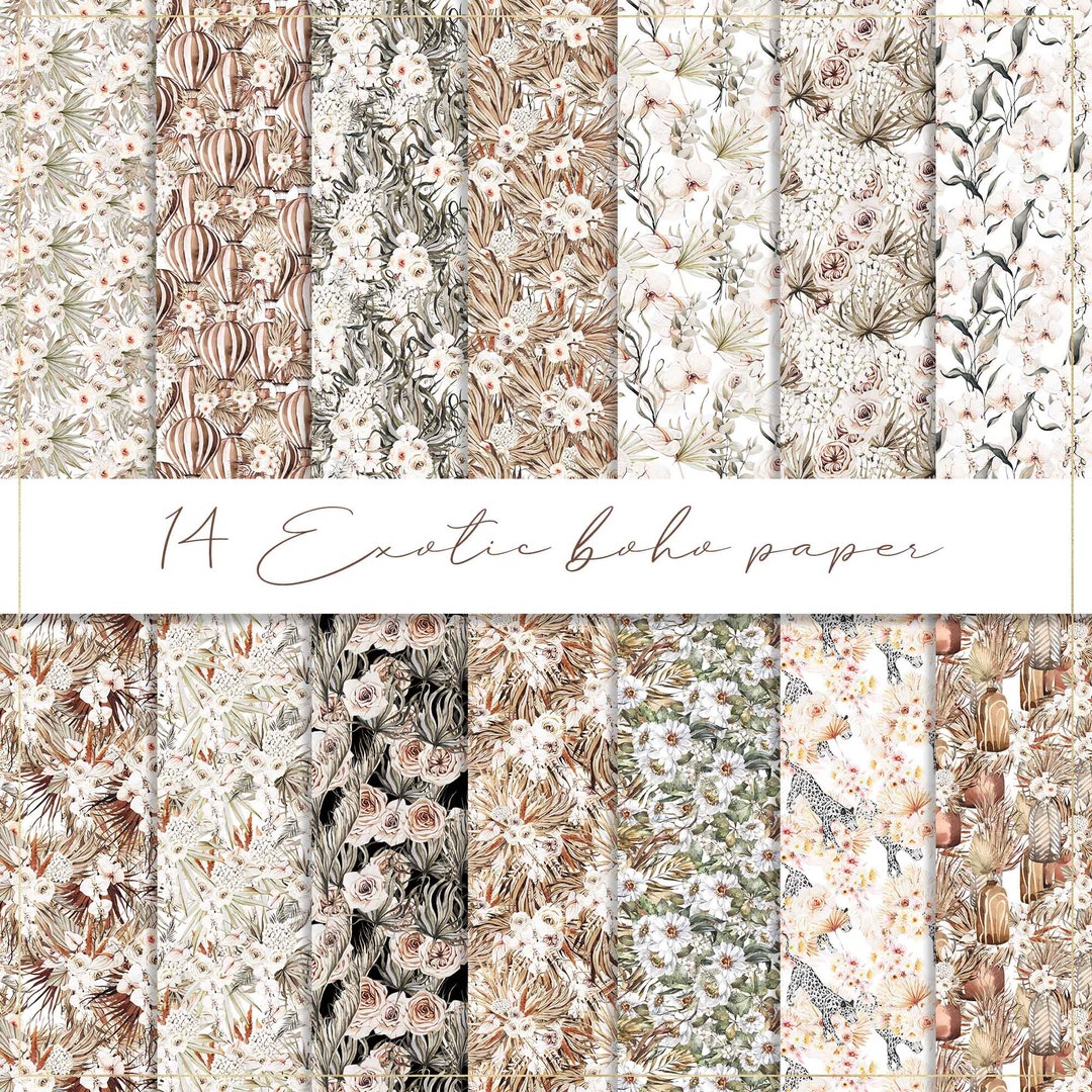 Exotic Boho Digital Paper, Seamless Pattern, Tropical Background, White ...