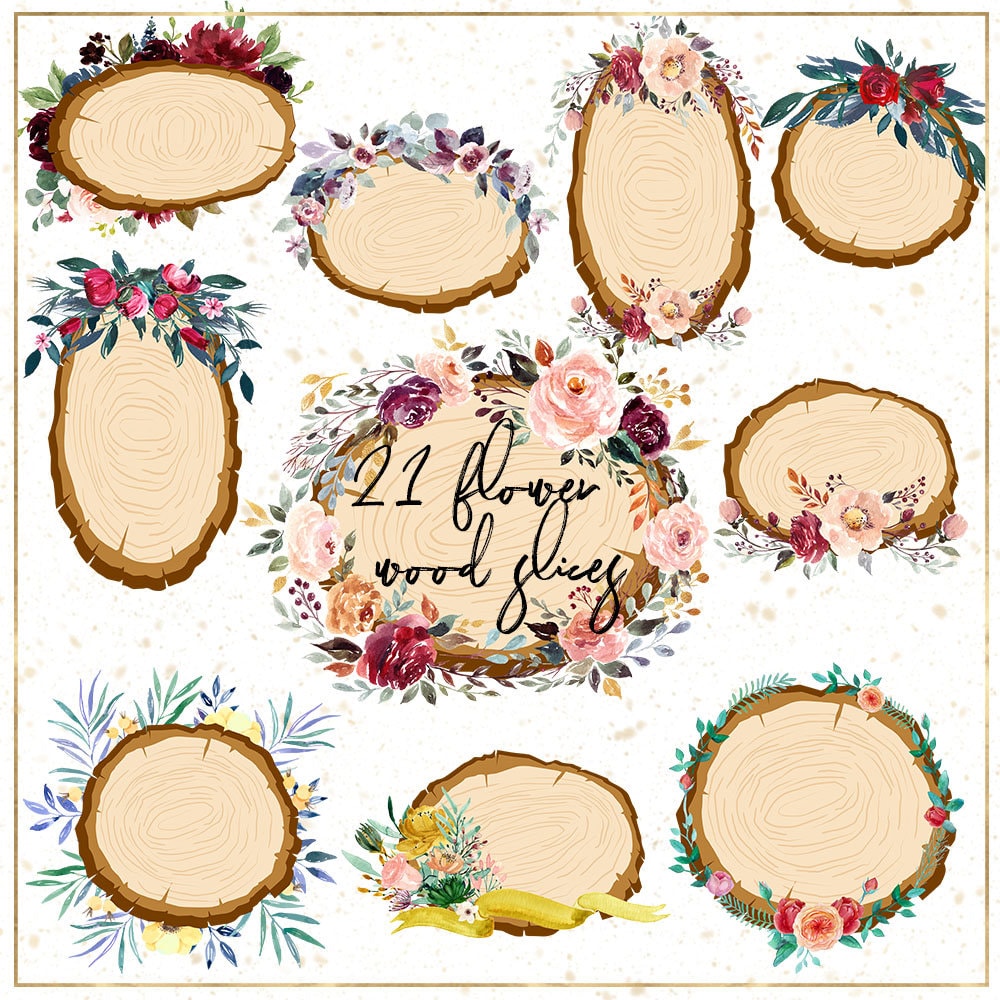 Flower Wood Slice Clipart Watercolor Flowers Clipart Flower | Etsy