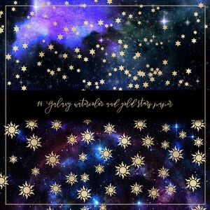 Galaxy Gold Stars Digital Paper, Gold Stars Pattern, Watercolor Texture ...