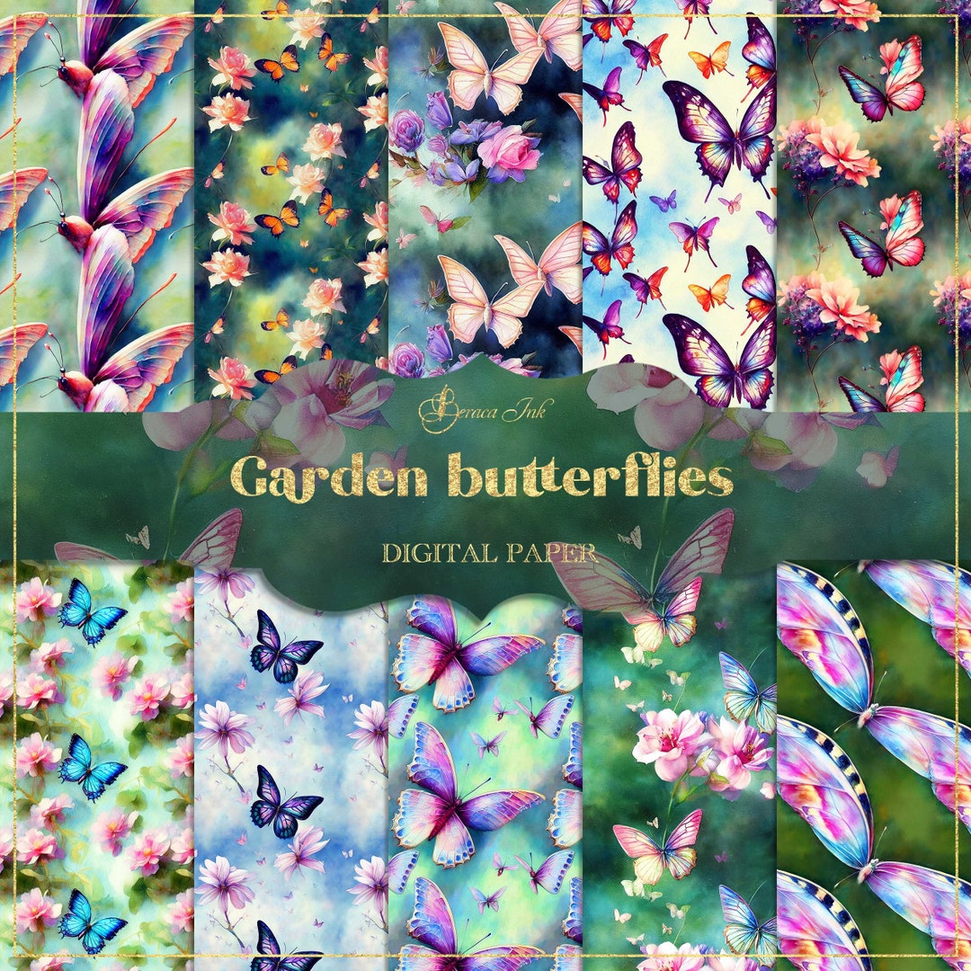 Garden Butterflies Digital Paper, Seamless Pattern, Floral Background ...