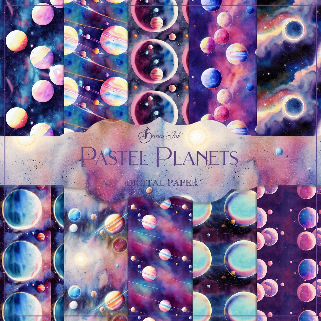 Pastel Planets Digital Paper, Seamless Pattern, Watercolor Solar System ...