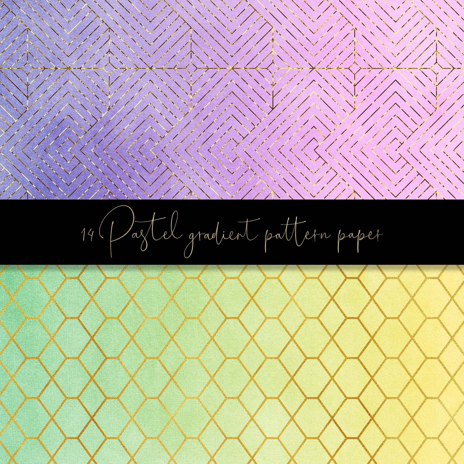 Pastel Gradient Pattern Digital Paper, Pastel Ombre Background, Gold ...