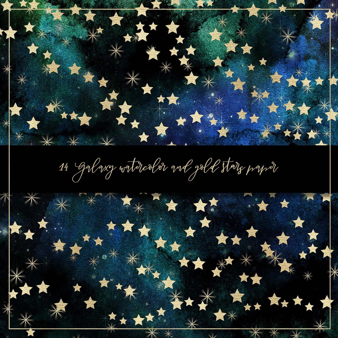 Galaxy Gold Stars Digital Paper, Gold Stars Pattern, Watercolor Texture ...