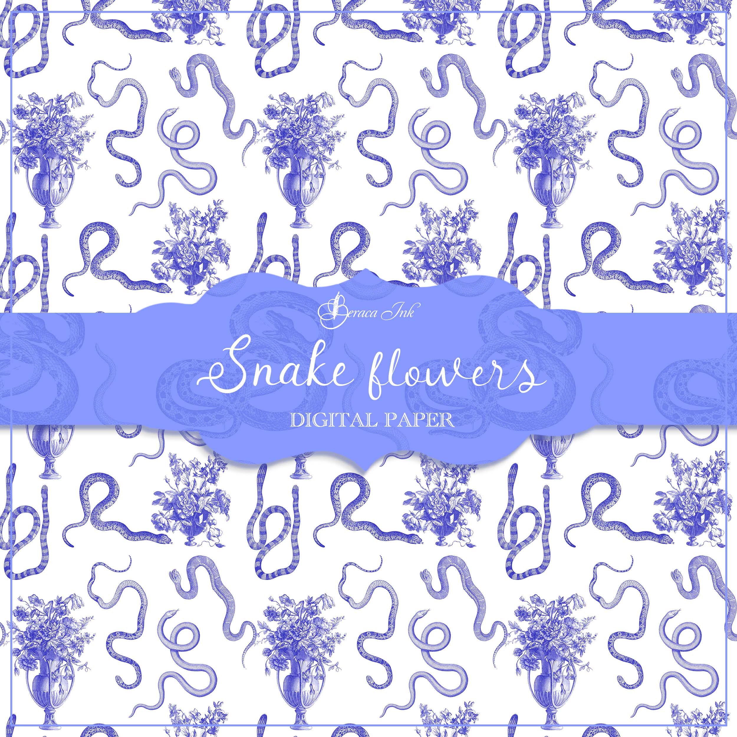 Snake Flowers Digital Paper Blue Snakes Paper Chinoiserie - Etsy