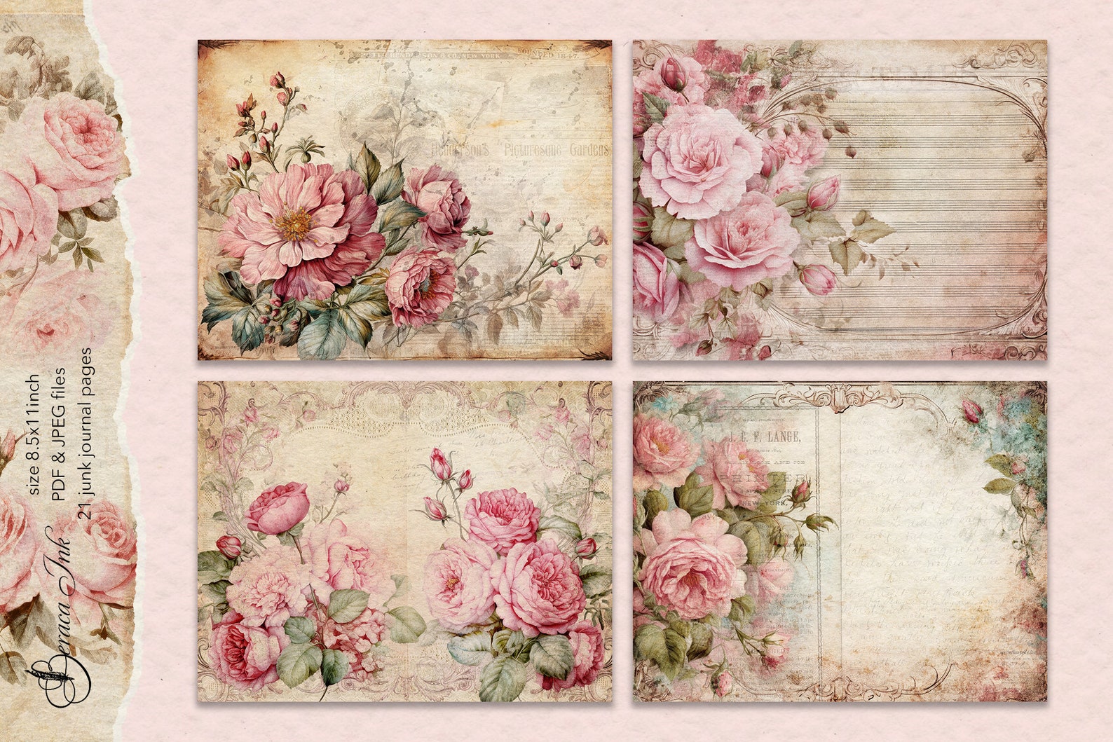 Vintage Roses Journal Pages, Printable Digital Pages, Pink Floral ...