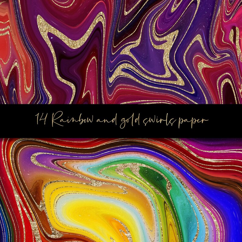 Rainbow Gold Swirls Digital Paper, Colored Background, Liquid Marble ...
