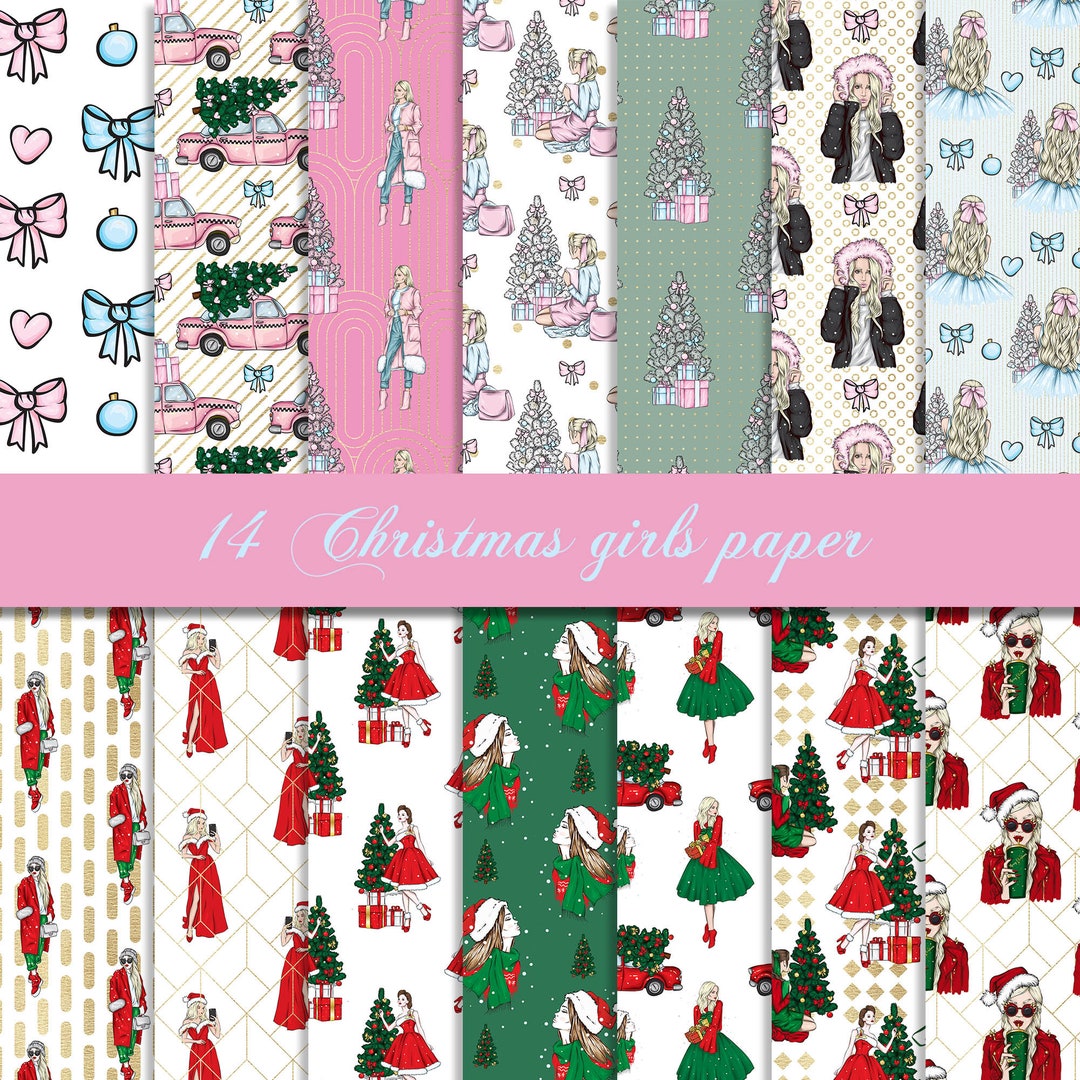 Christmas Girls Digital Paper, Seamless Pattern, Pink Christmas, Winter ...
