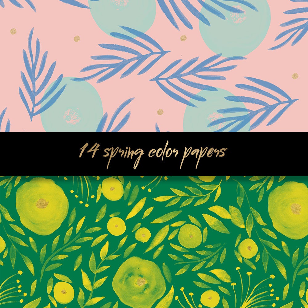 Spring Digital Paper, Watercolor Flower Digital Paper, Gold Pattern ...