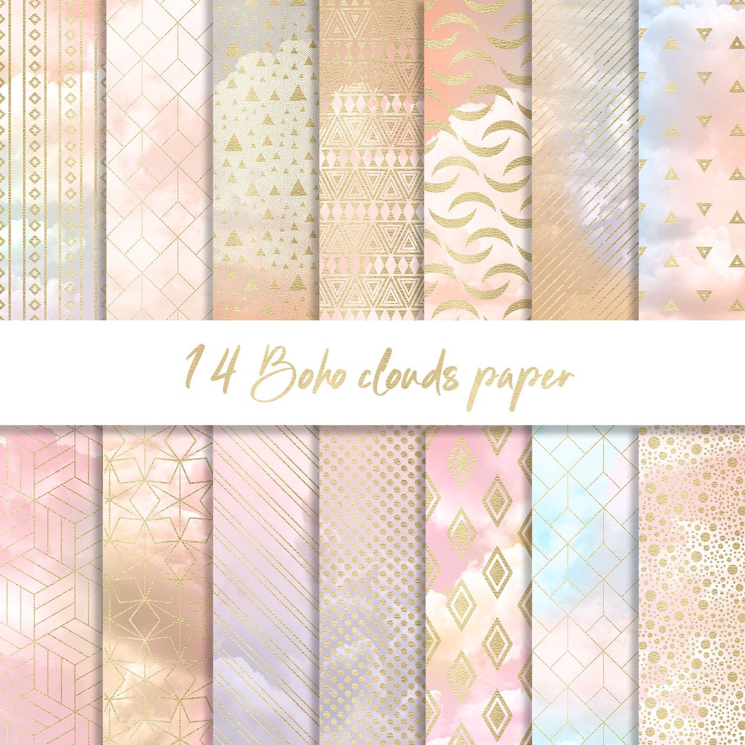 Boho Clouds Digital Paper, Neutral Background, Gold Geometric Pattern ...