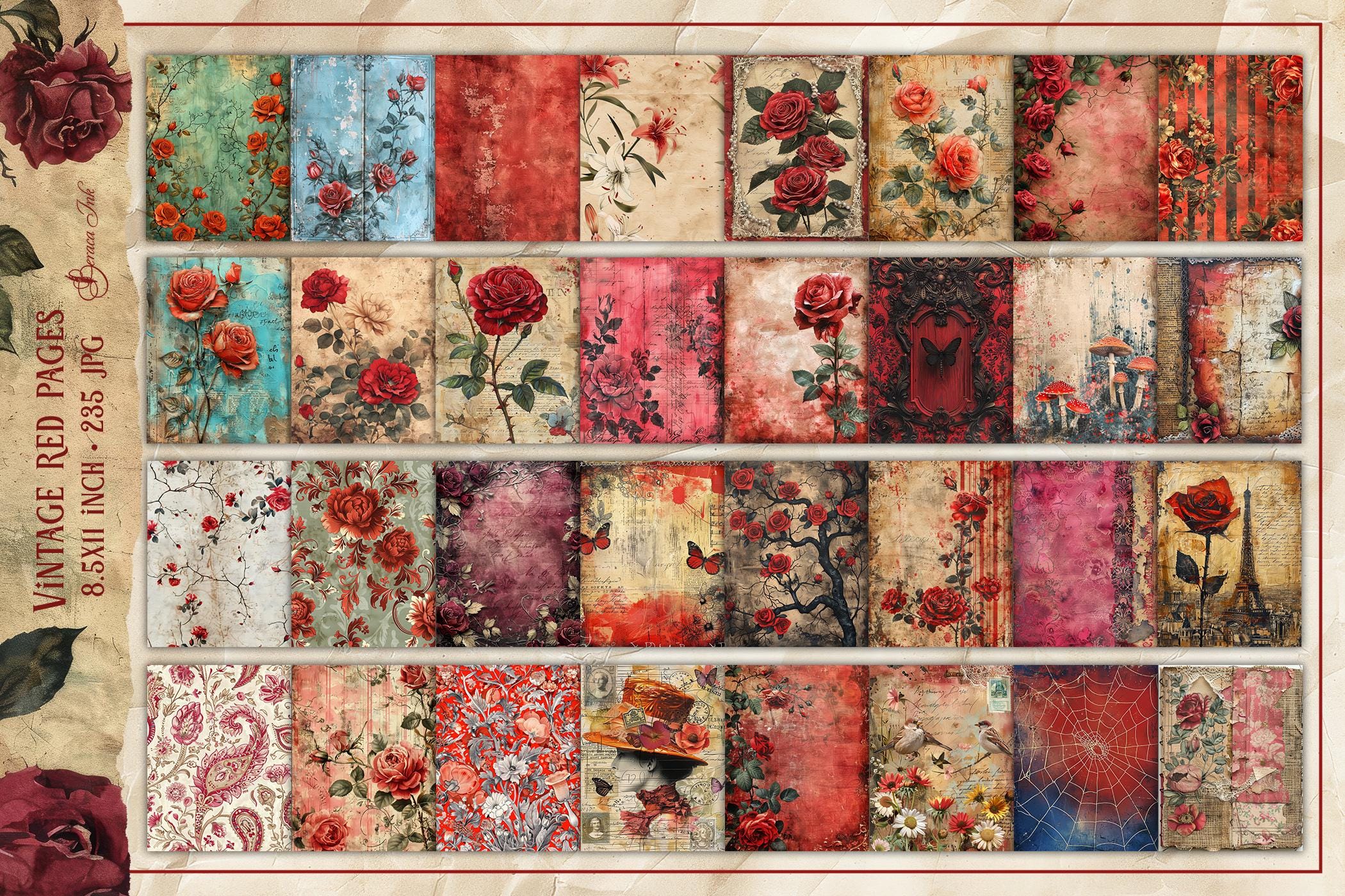 Vintage Red Junk Journal Pages Bundle, Flower Digital Paper, Red Roses ...