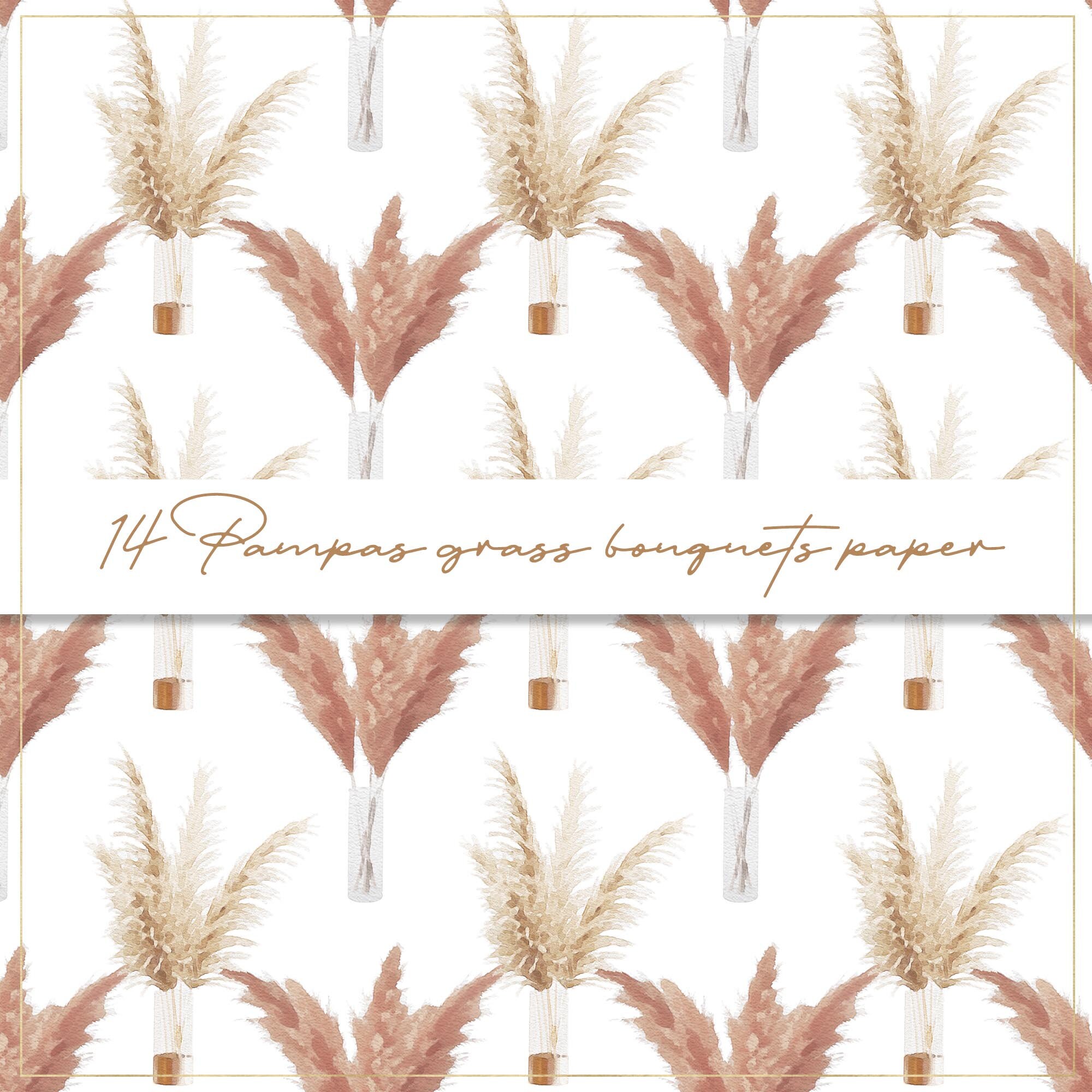 Pampas Grass Bouquets Digital Paper, Seamless Paper, Watercolor Pampas ...
