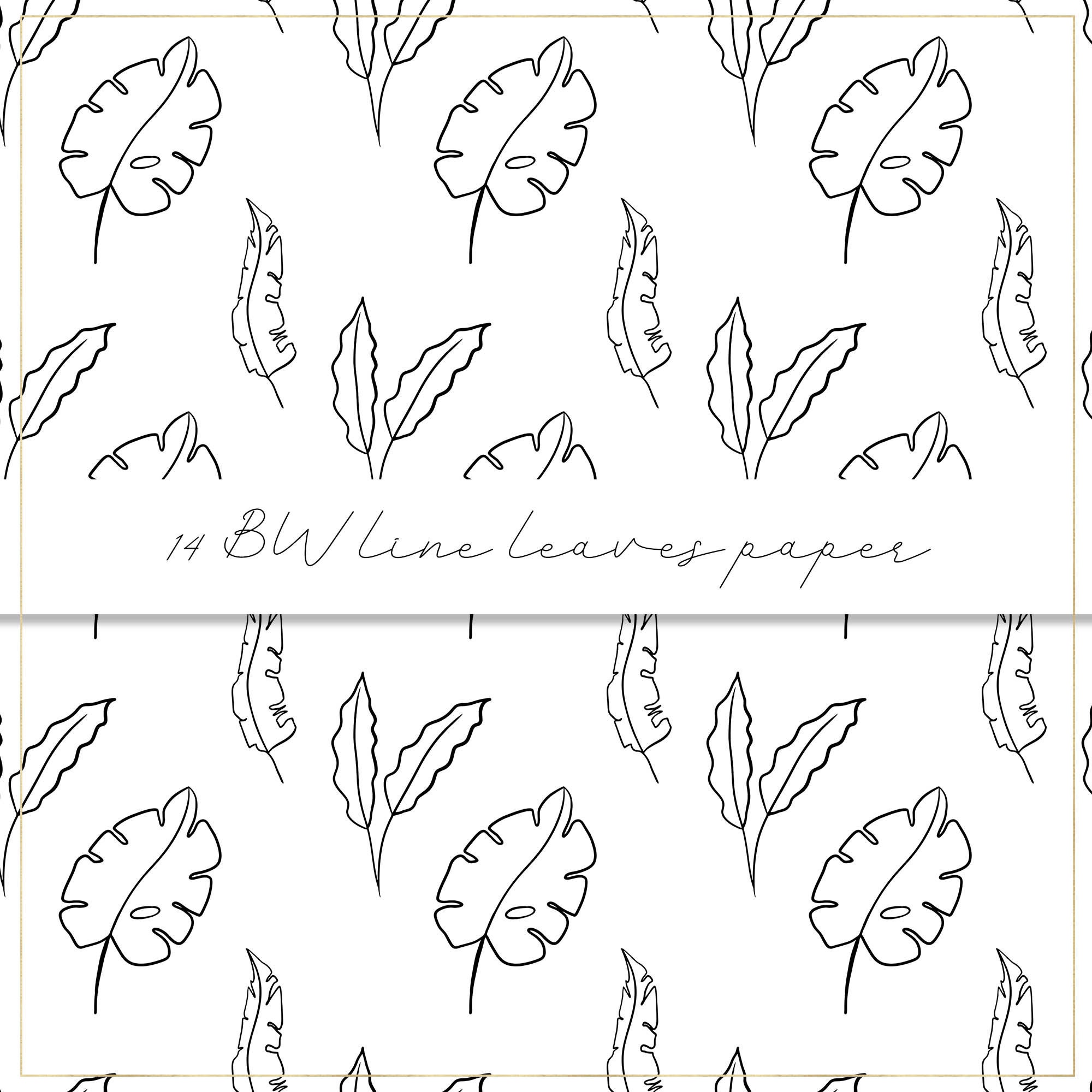 Black and White Leaves Digital Paper, Leaf Seamless Pattern, Line Art ...