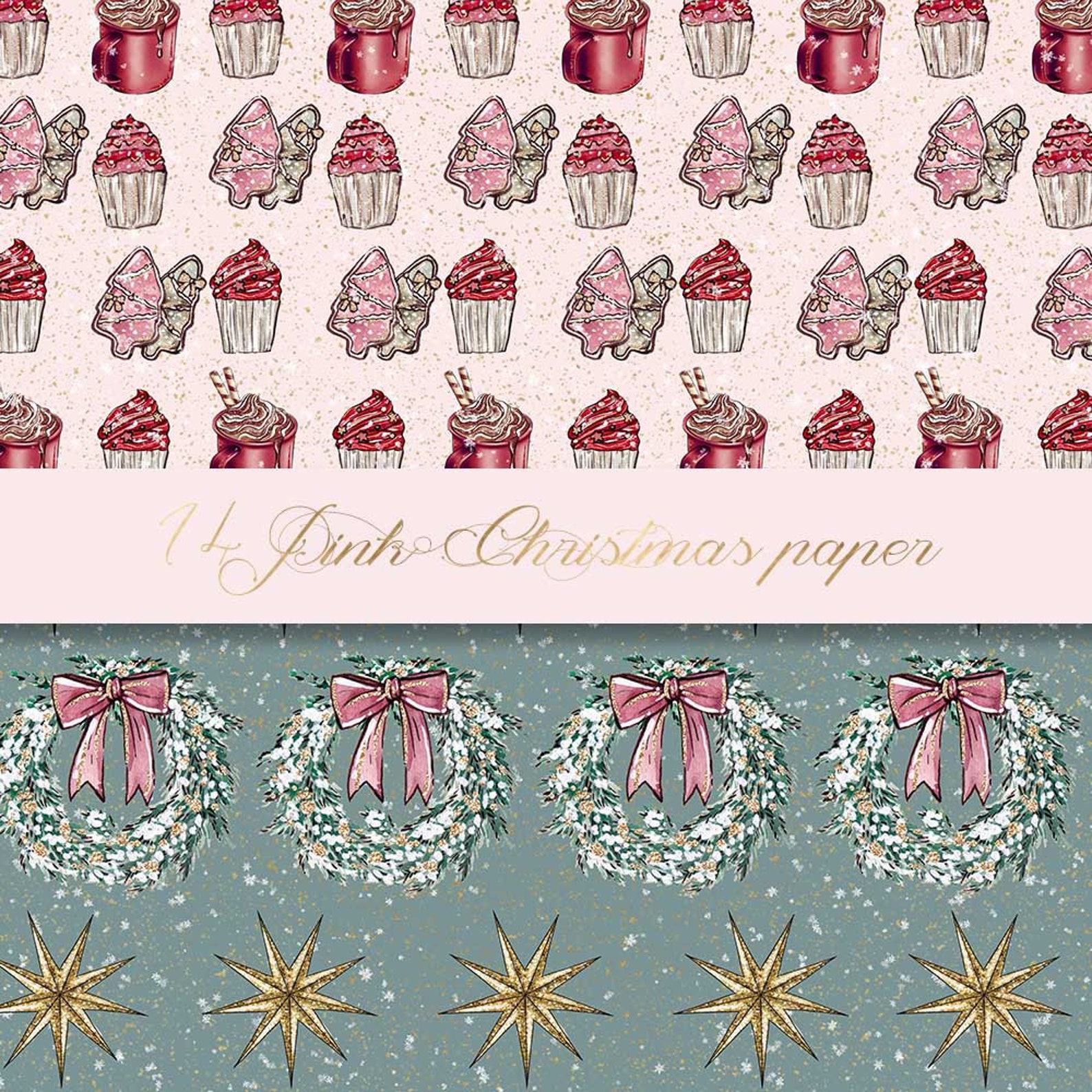 Pink Christmas Digital Paper, Gold Accents (12x12 Inch JPEG) - Etsy