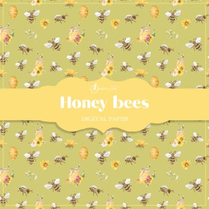 Honey Bees Digital Paper, Seamless Pattern, Sunflower Background, Bee ...